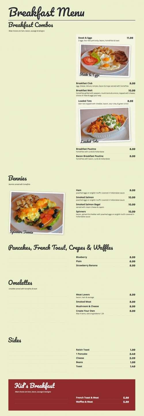 Spinners Diner menu in Cornwall, Ontario, Canada