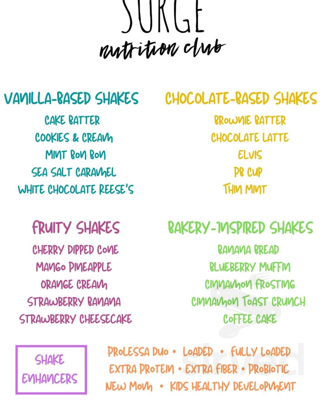 Surge Nutrition menu in Rice Lake, Wisconsin, USA