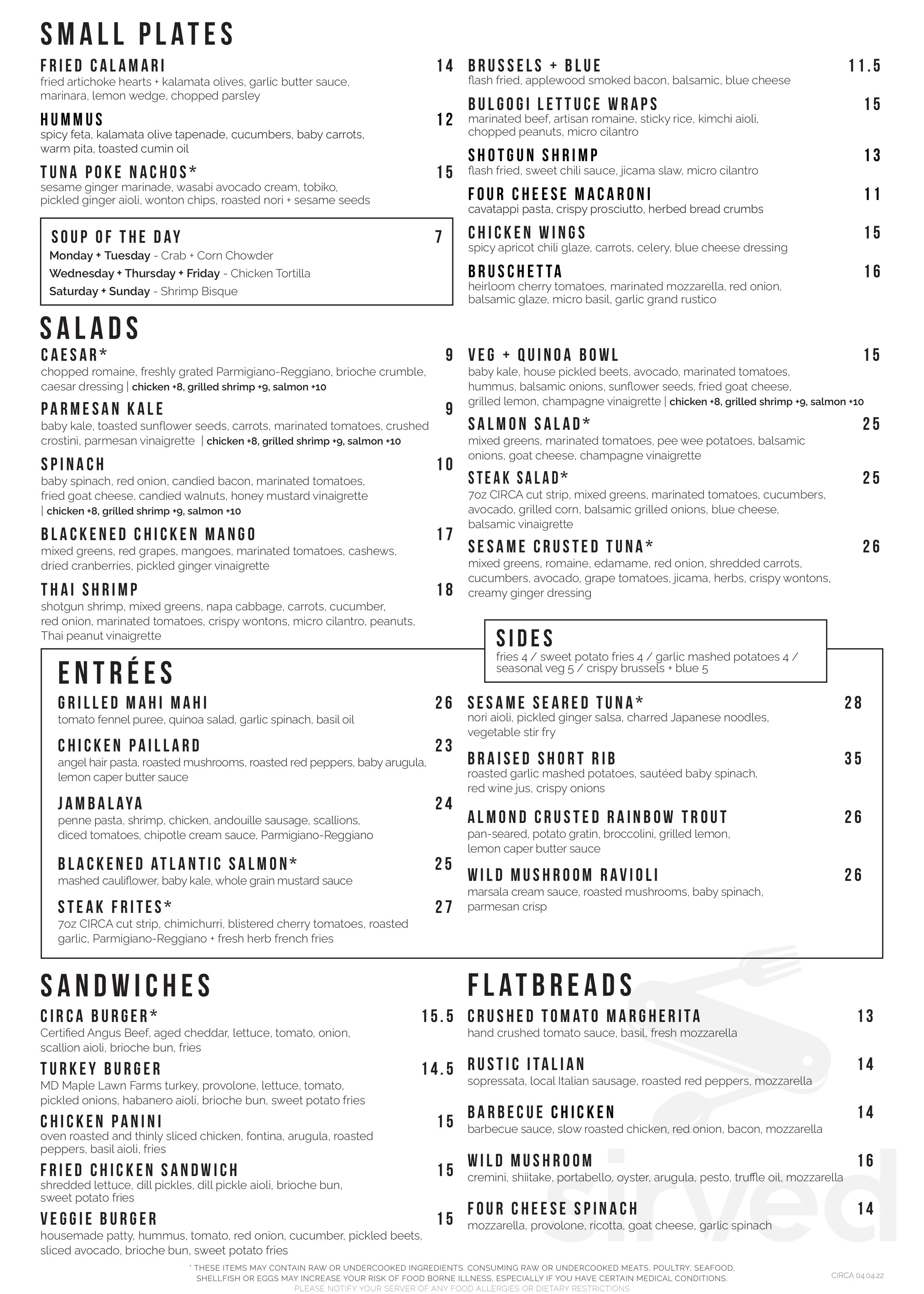 CIRCA at Navy Yard menu in 99 M St SE #100, Washington, DC 20003