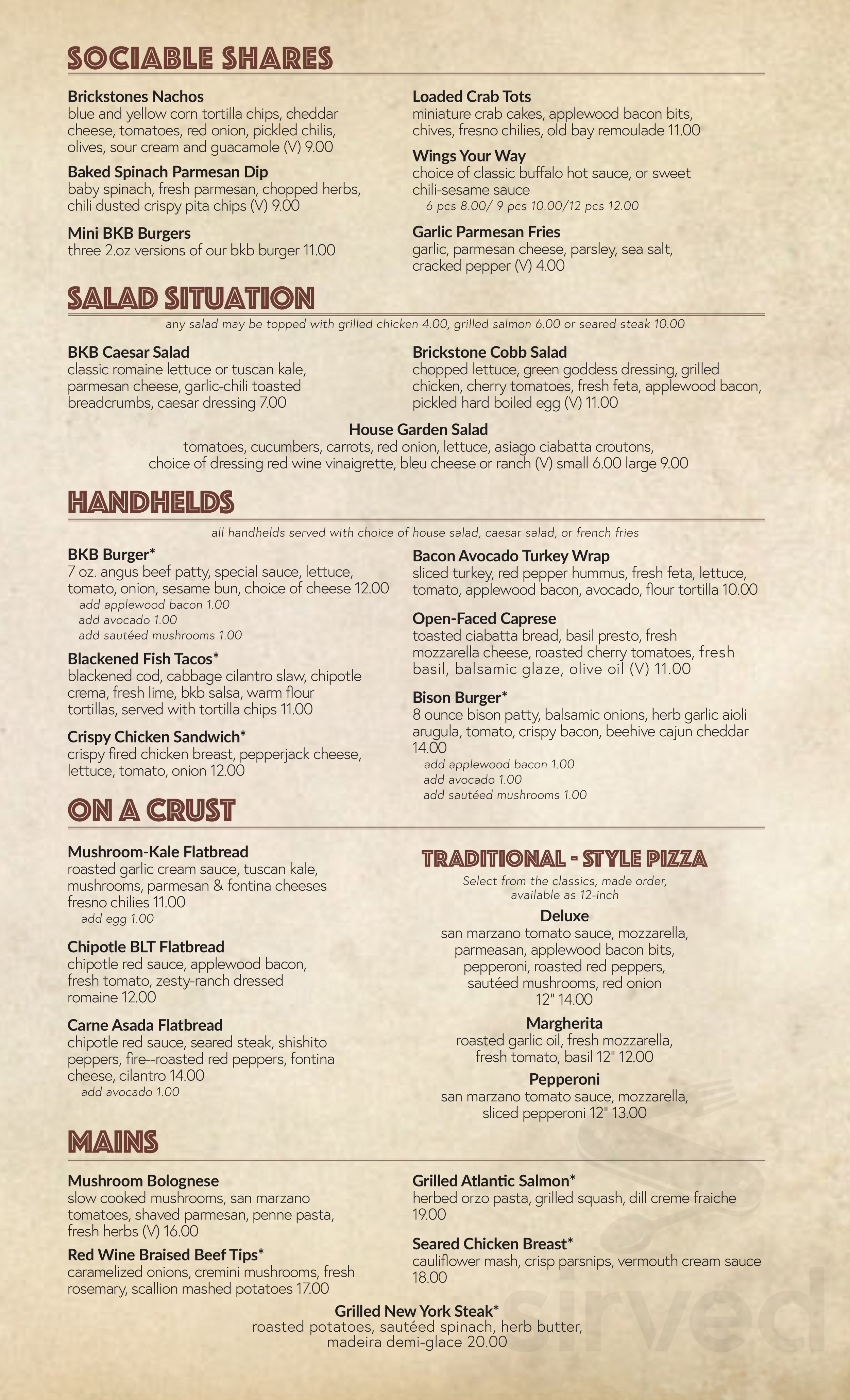 Brickstone's Kitchen and Bar menu in South Jordan, Utah, USA