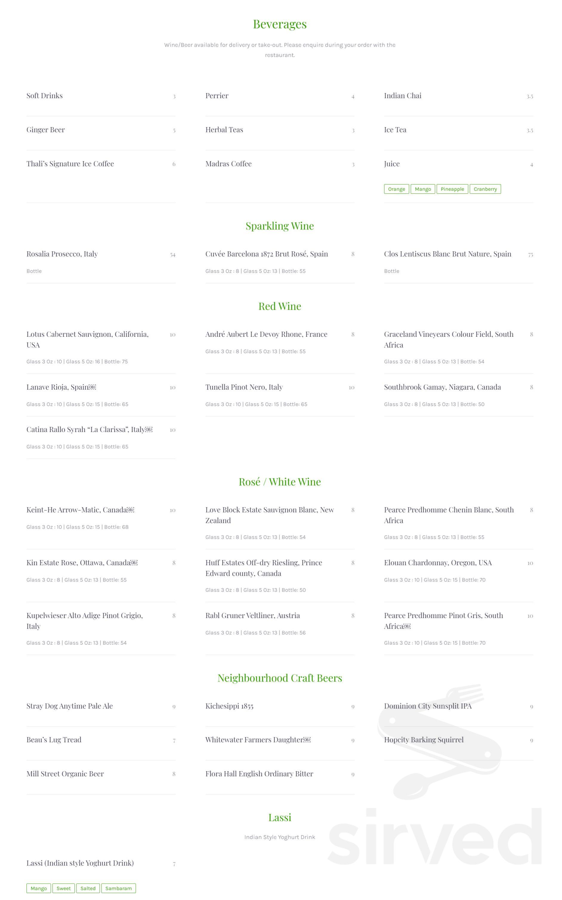 Thali menus in Ottawa, Ontario, Canada
