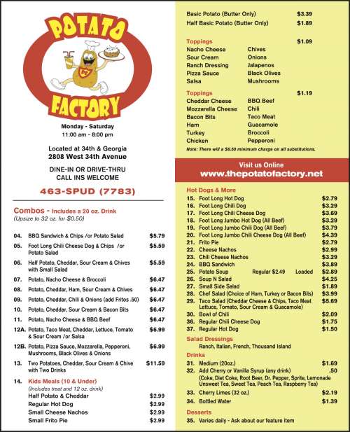 The Potato Factory menu in Amarillo, Texas, USA