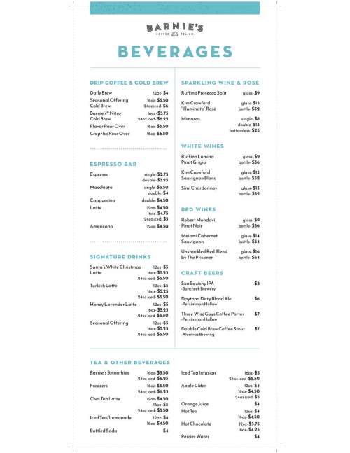 Barnie's Coffee & Tea Co. menu in Winter Park, Florida, USA