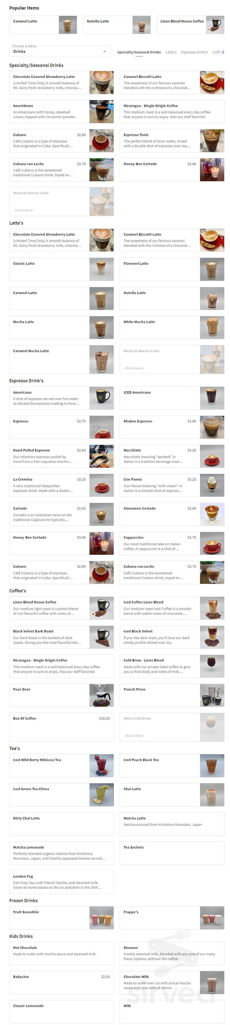 Lions Den Coffee Shop menu in Plantsville, Connecticut, USA