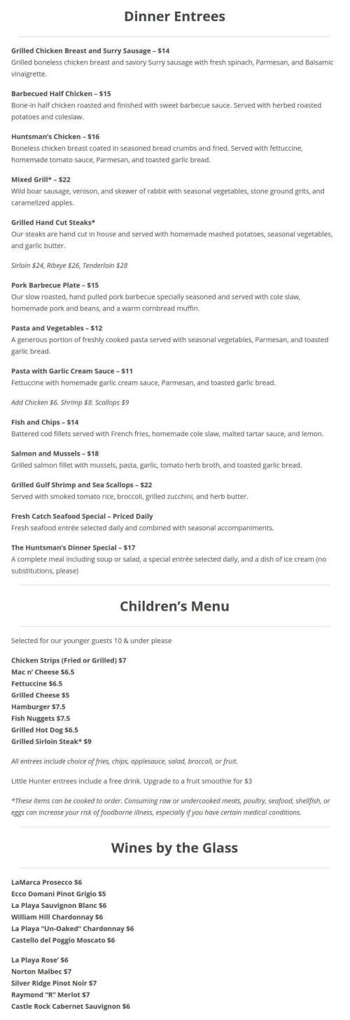 The Huntsman's Grill menu in Williamsburg, Virginia, USA