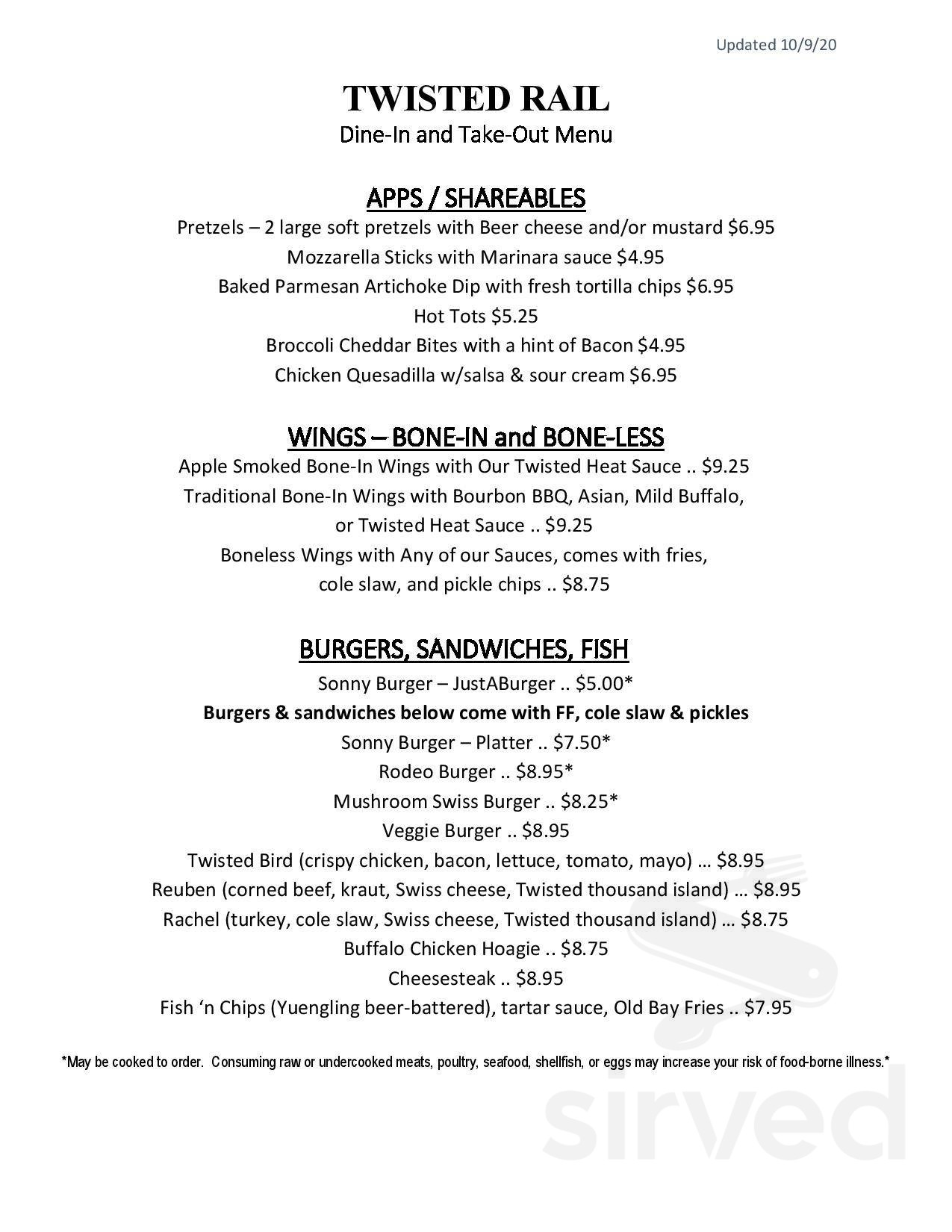 Menu for Twisted Rail Tavern in Honesdale, PA | Sirved