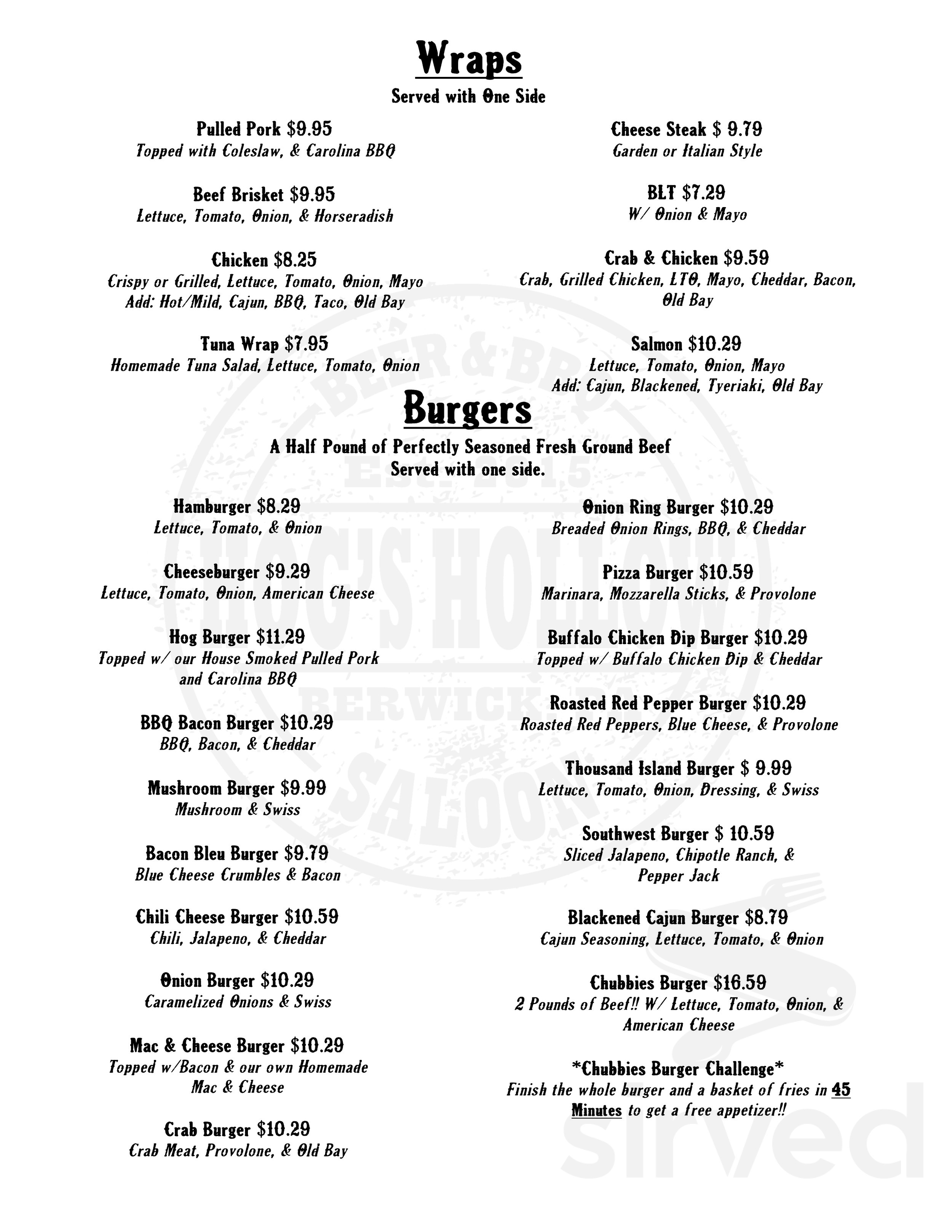 Hog's Hollow Saloon menu in Berwick, Pennsylvania, USA