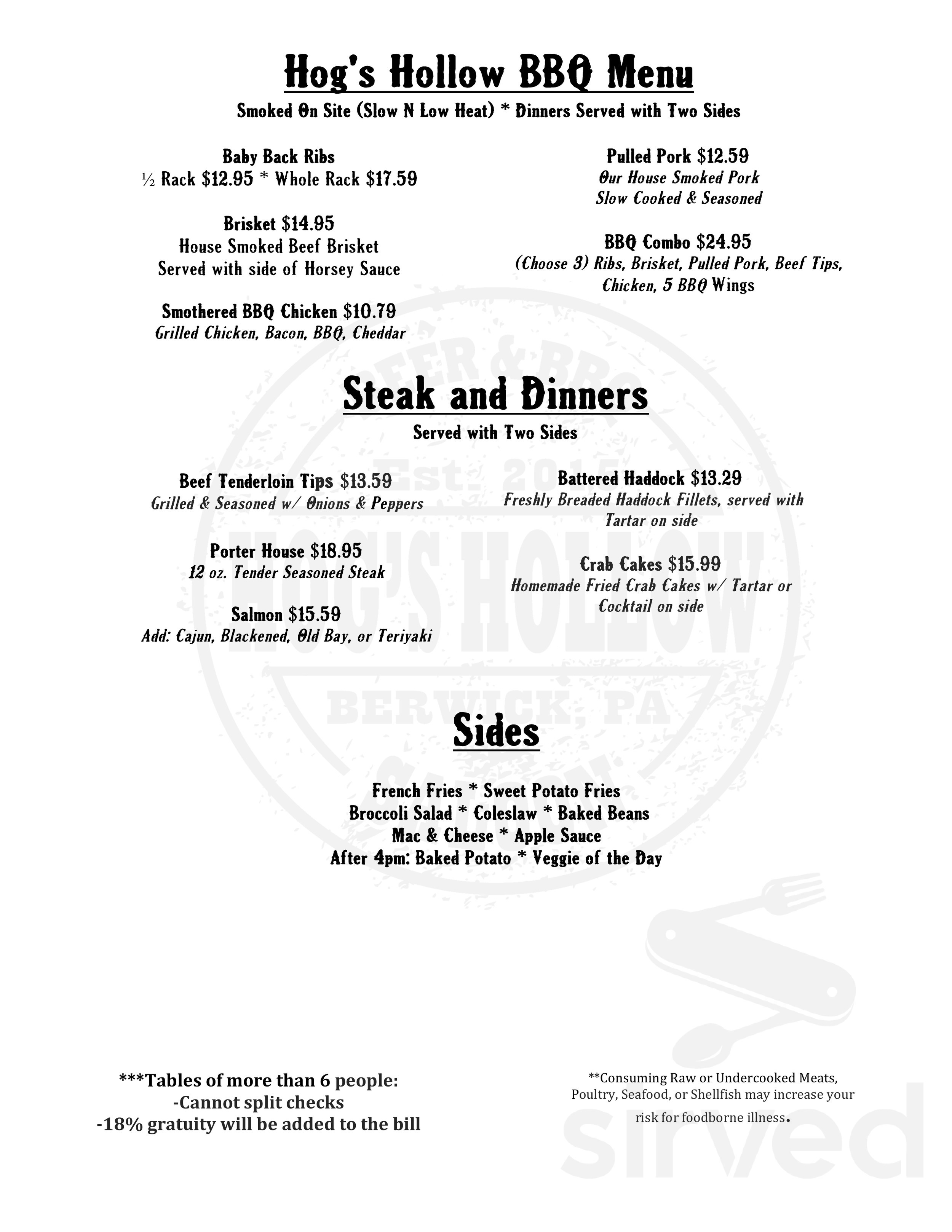 Hog's Hollow Saloon menu in Berwick, Pennsylvania, USA