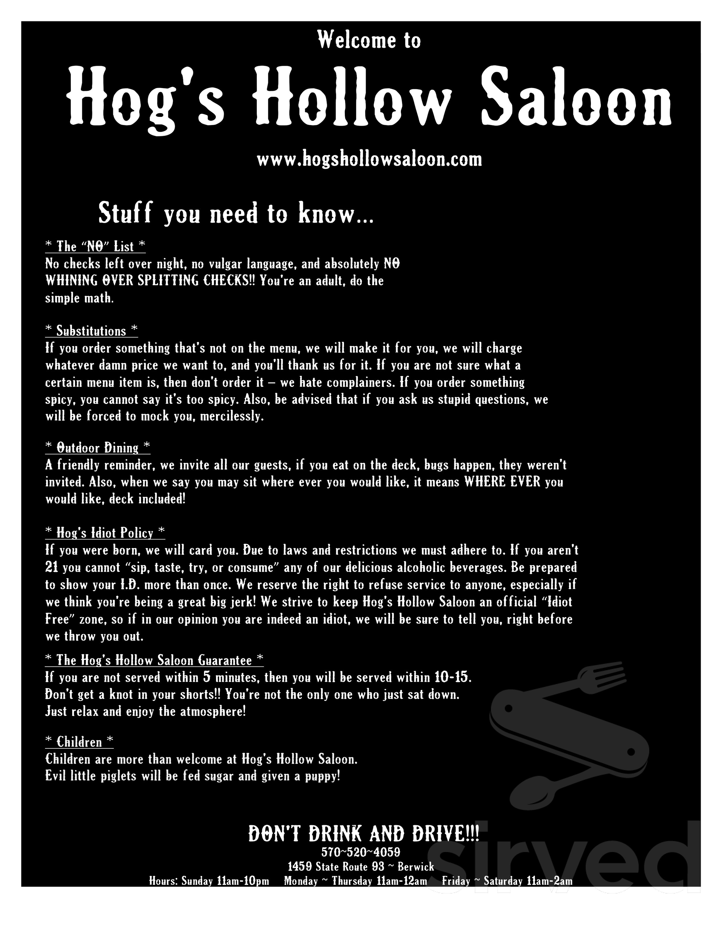 Hog's Hollow Saloon menu in Berwick, Pennsylvania, USA
