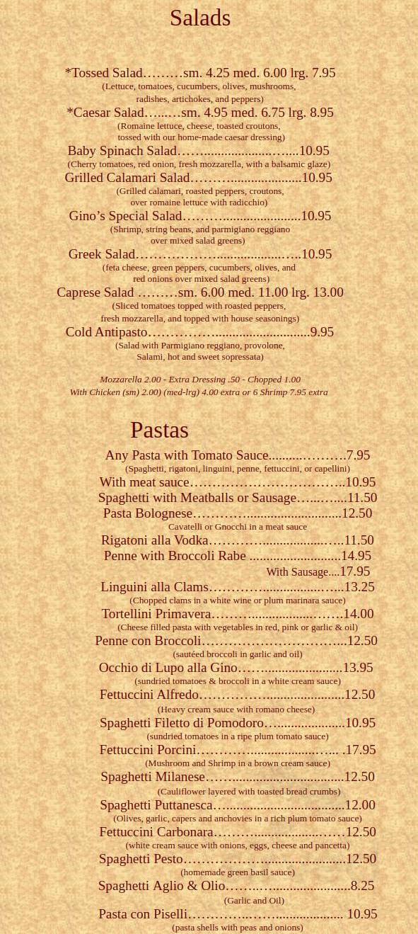 Gino's menu in Williston Park, New York, USA