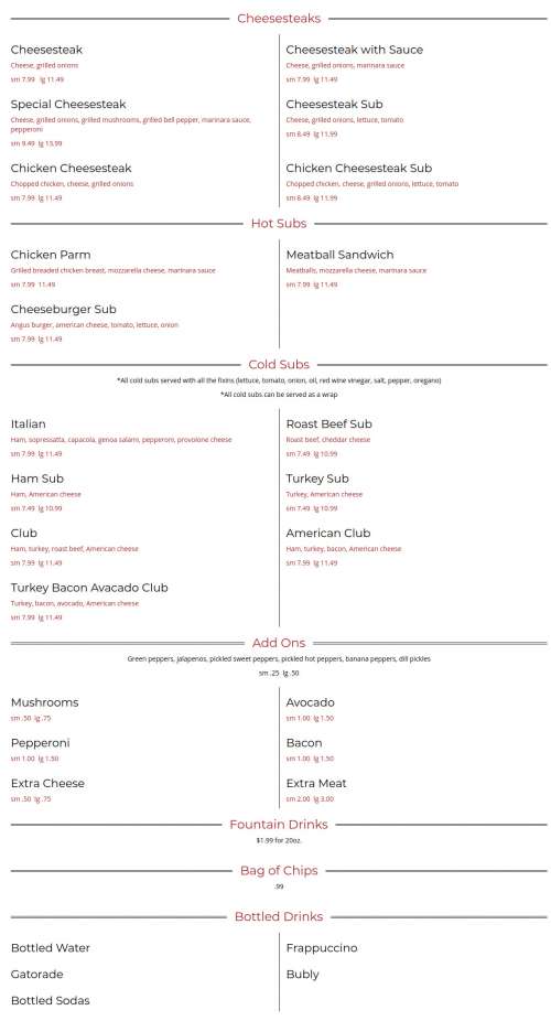 Phila-Deli menu in Glendale, Arizona, USA