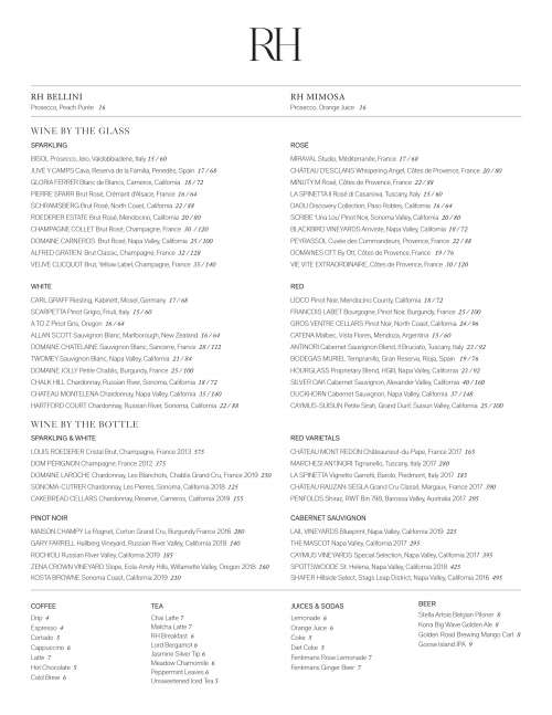 RH Rooftop Restaurant Marin menu in Corte Madera, California, USA