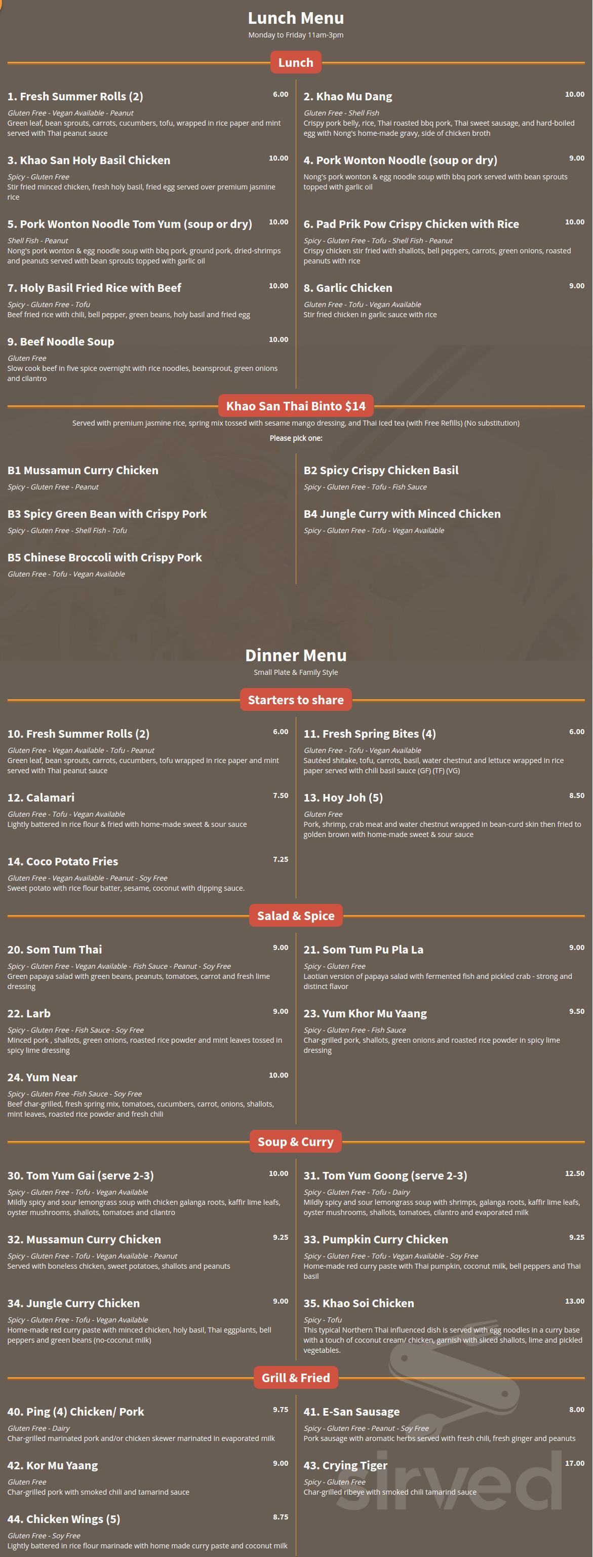 Menu - Portland OR's Khao San | Sirved