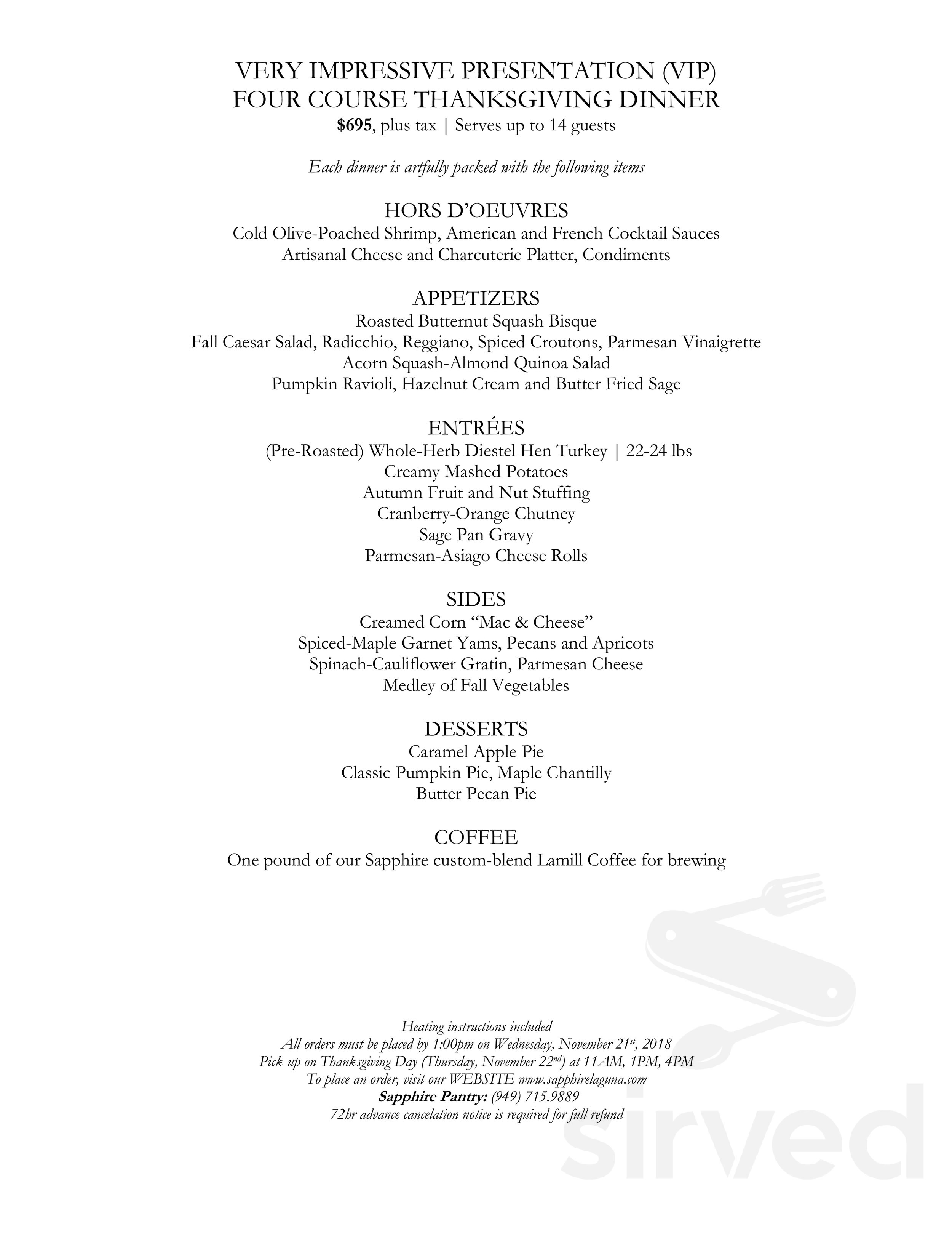 Sapphire menu in Laguna Beach, California, USA