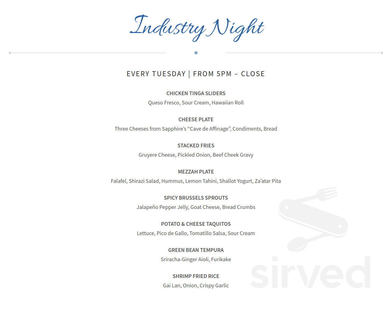 Sapphire menu in Laguna Beach, California, USA