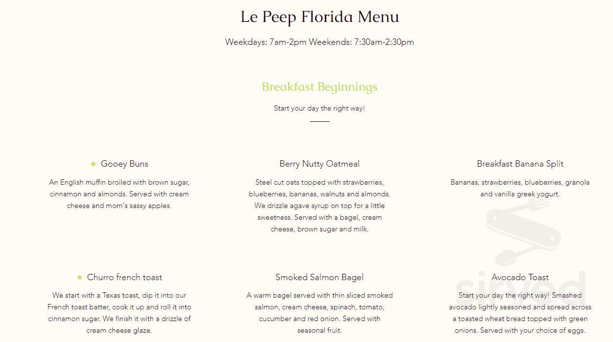 Le Peep Florida menu in Tampa, Florida, USA