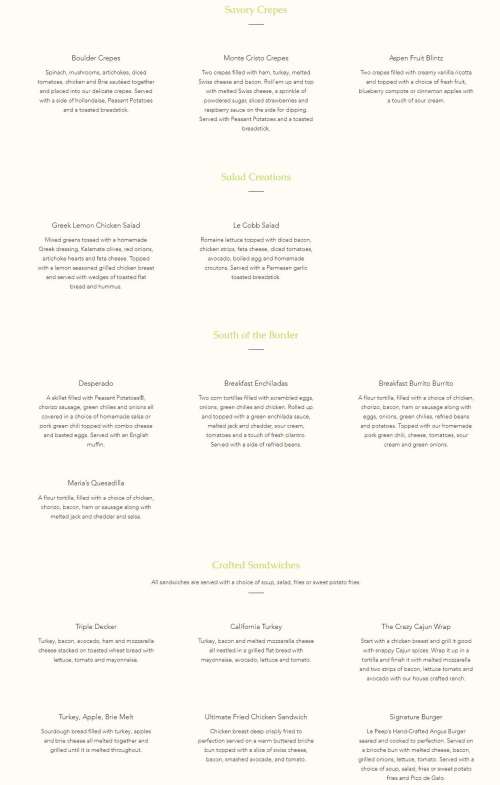 Le Peep Florida menu in Tampa, Florida, USA