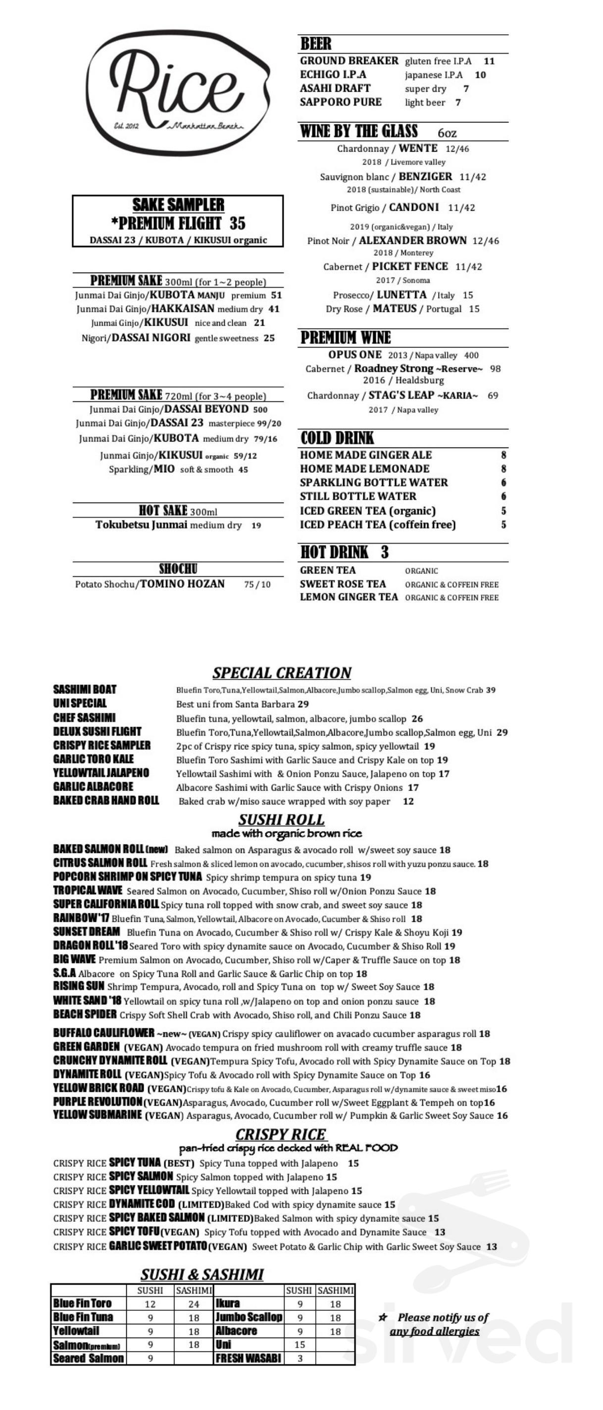 Menu - Manhattan Beach CA's RICE Healthy Japanese Dining | Sirved