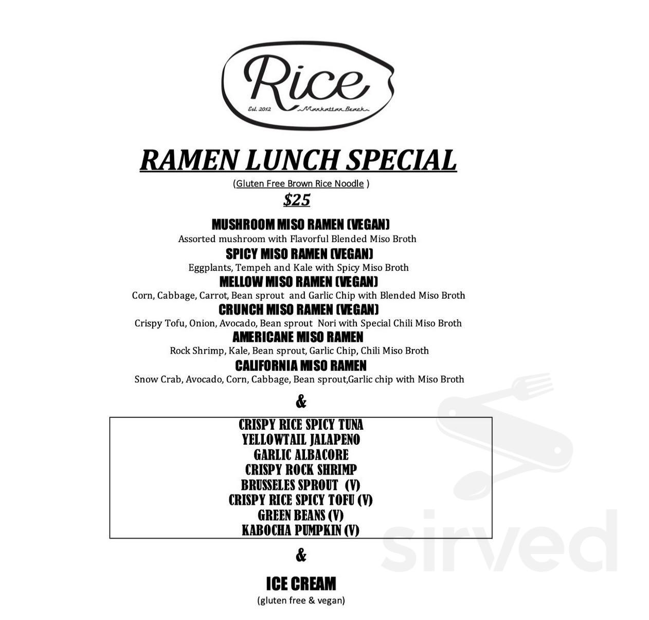 Menu - Manhattan Beach CA's RICE Healthy Japanese Dining | Sirved