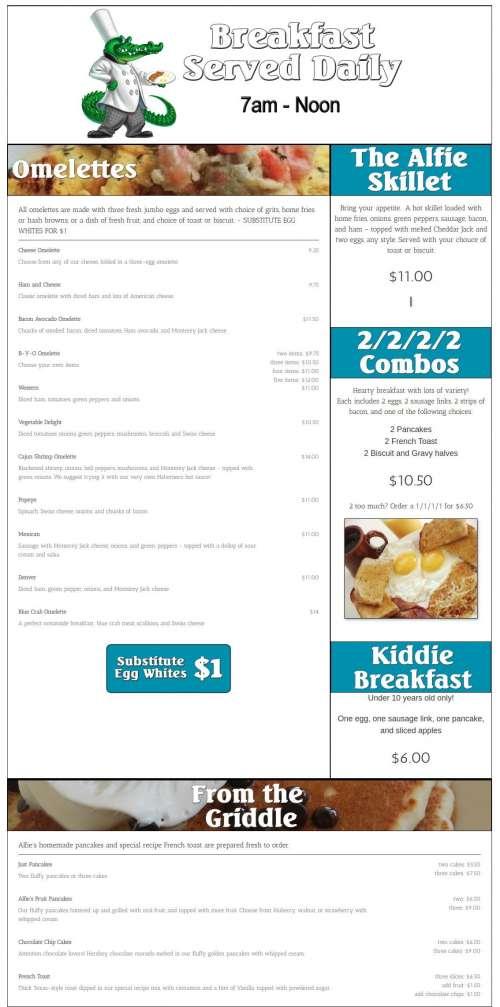 Alfie's Restaurant menu in Ormond Beach, Florida, USA