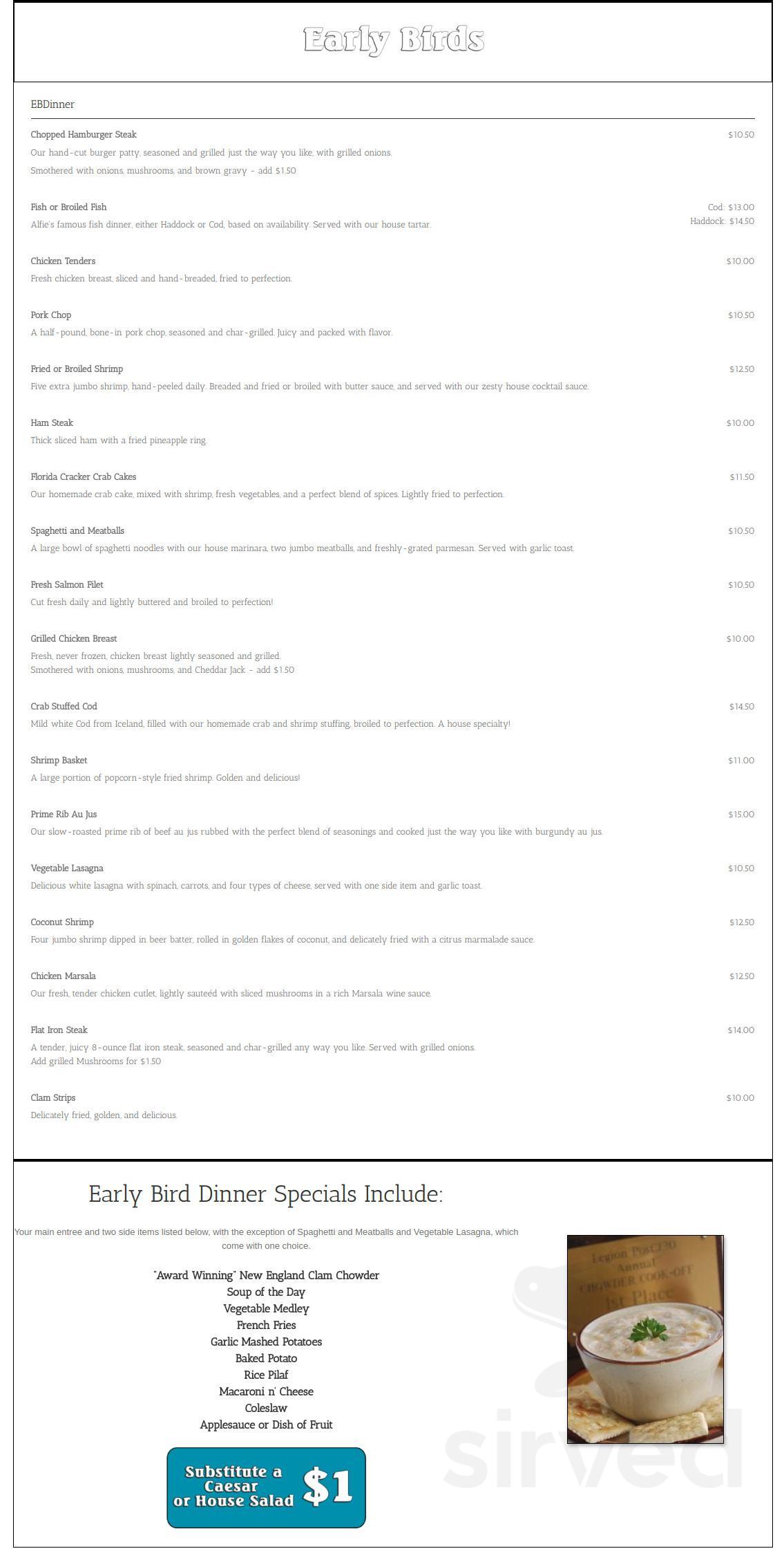 Alfie's Restaurant menu in Ormond Beach, Florida, USA