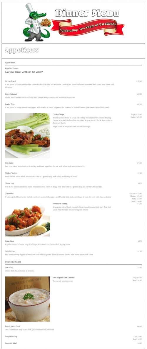 Alfie's Restaurant menu in Ormond Beach, Florida, USA