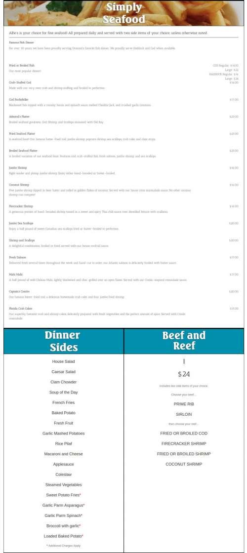 Alfie's Restaurant menu in Ormond Beach, Florida, USA