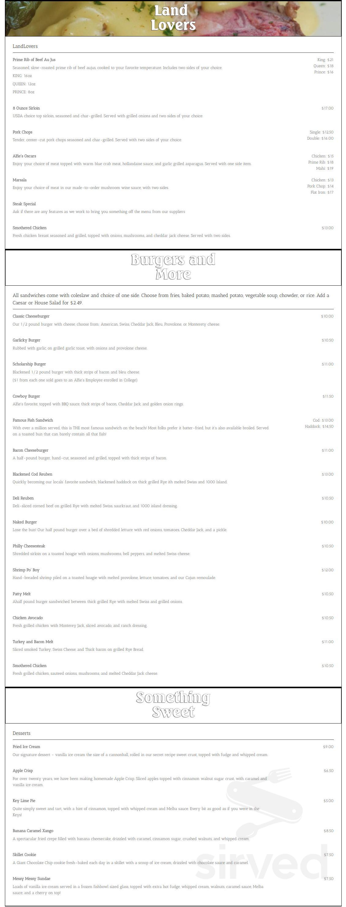 Alfie's Restaurant menu in Ormond Beach, Florida, USA