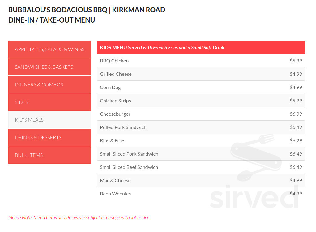 Bubbalou's Bodacious Bar-B-Que menu in Orlando, Florida, USA