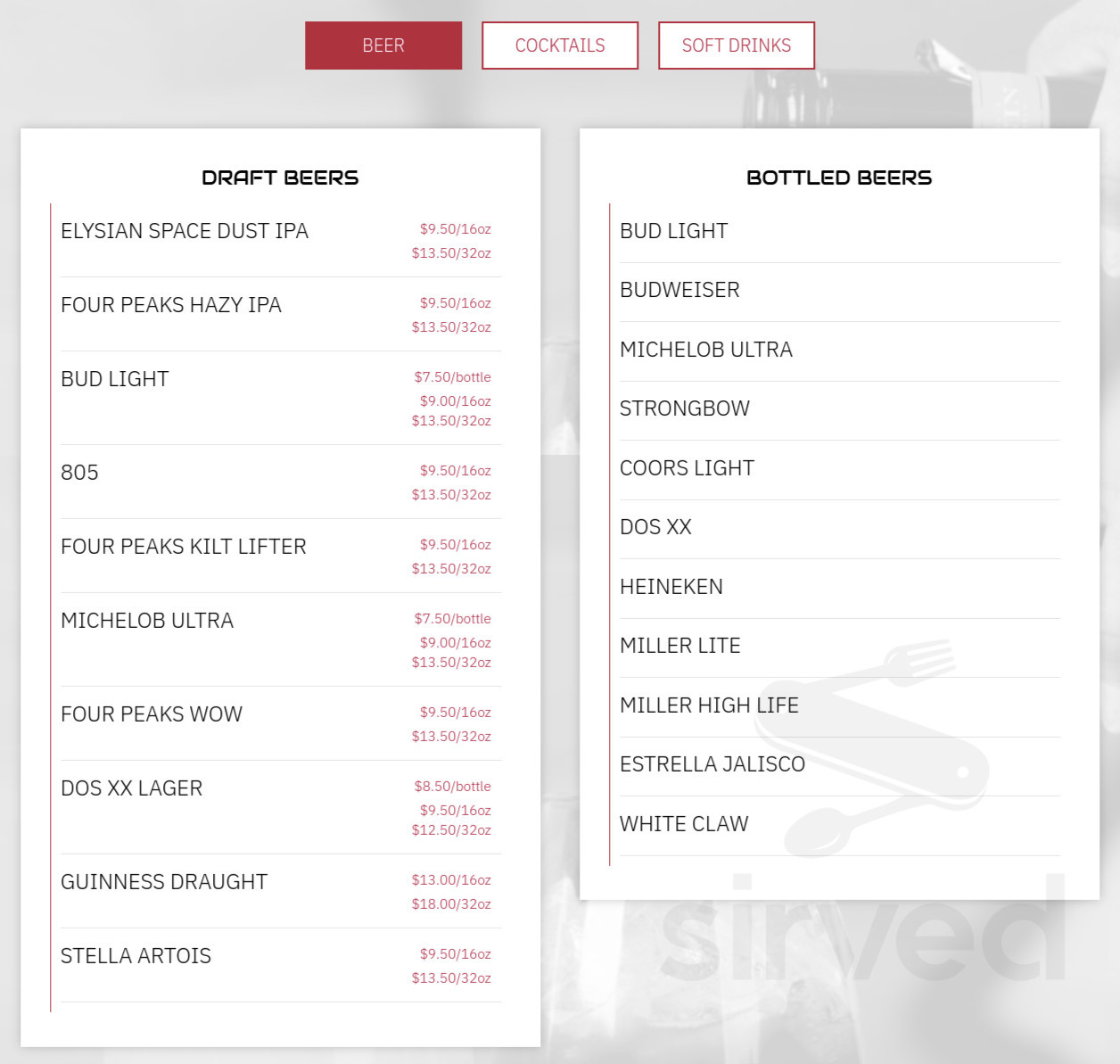 Carousel Arcade Bar menu in Glendale, Arizona, USA