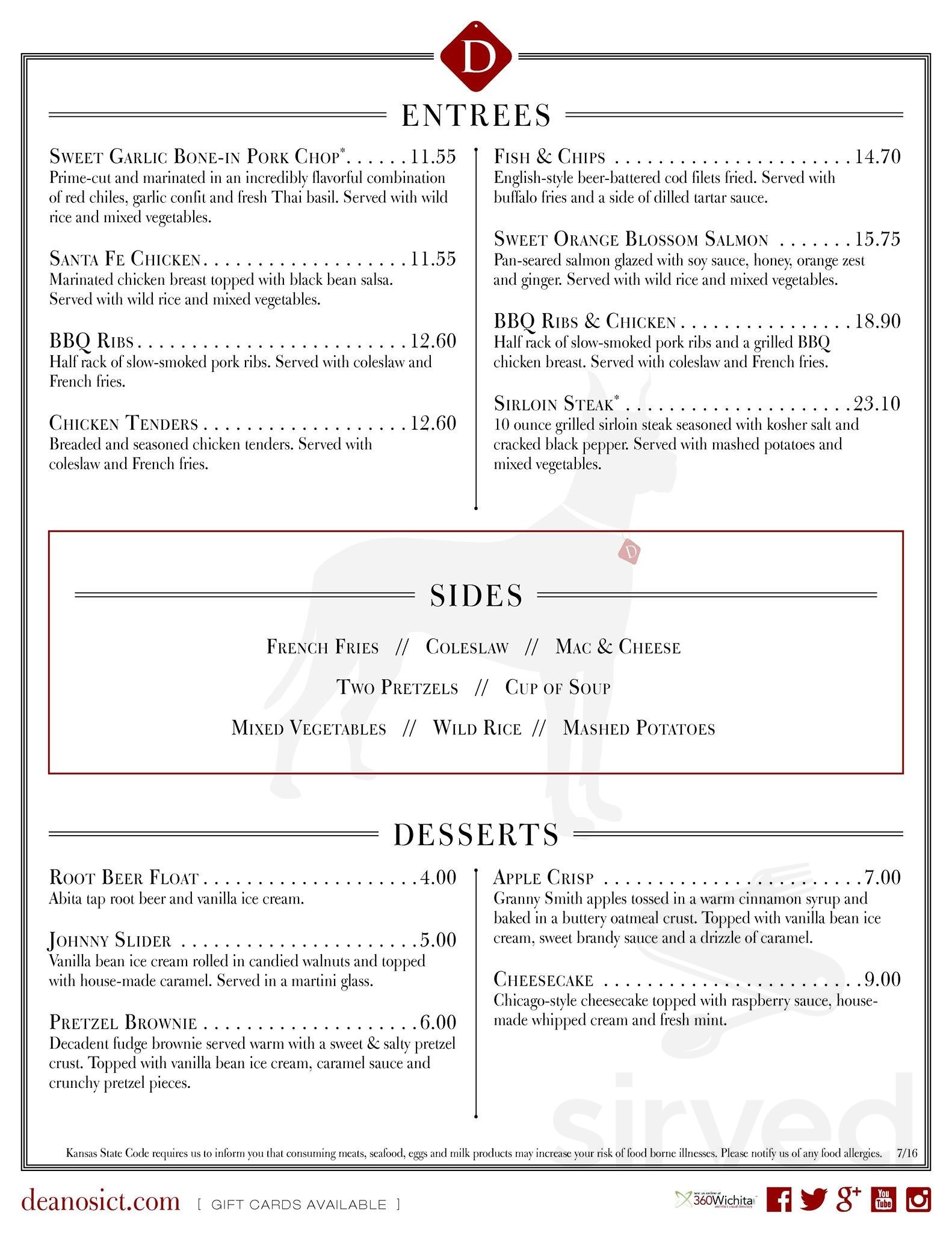 Deano's Grill & Tapworks menu in Wichita, Kansas, USA