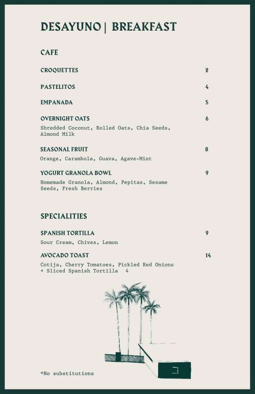 Terras menu in Miami, Florida, USA
