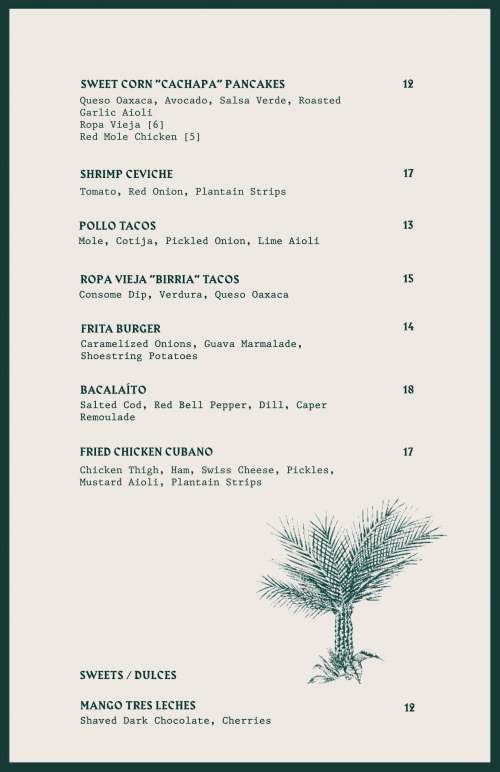 Terras menu in Miami, Florida, USA