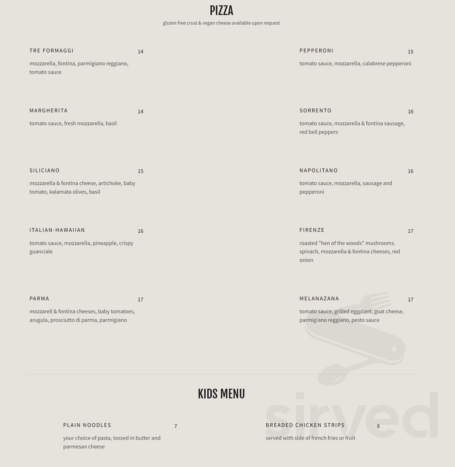 Bacio Italiano menu in Tucson, Arizona, USA