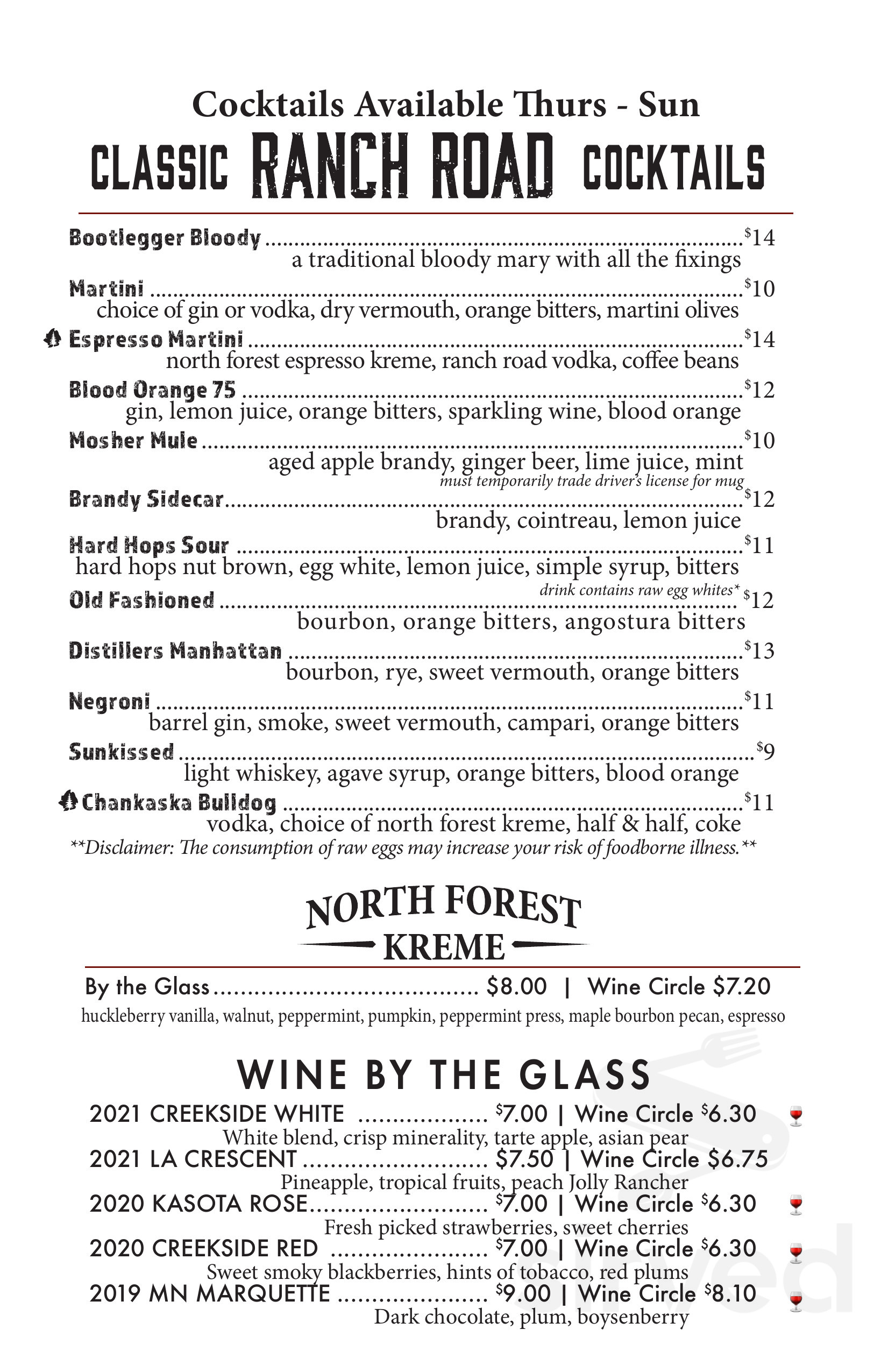 Chankaska Creek Ranch, Winery, & Distillery menu in Kasota, Minnesota, USA