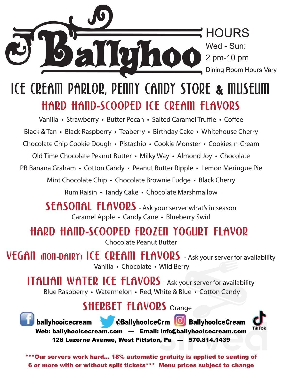 Ballyhoo ? Purveyors of Fine Ice Cream menu in West Pittston ...