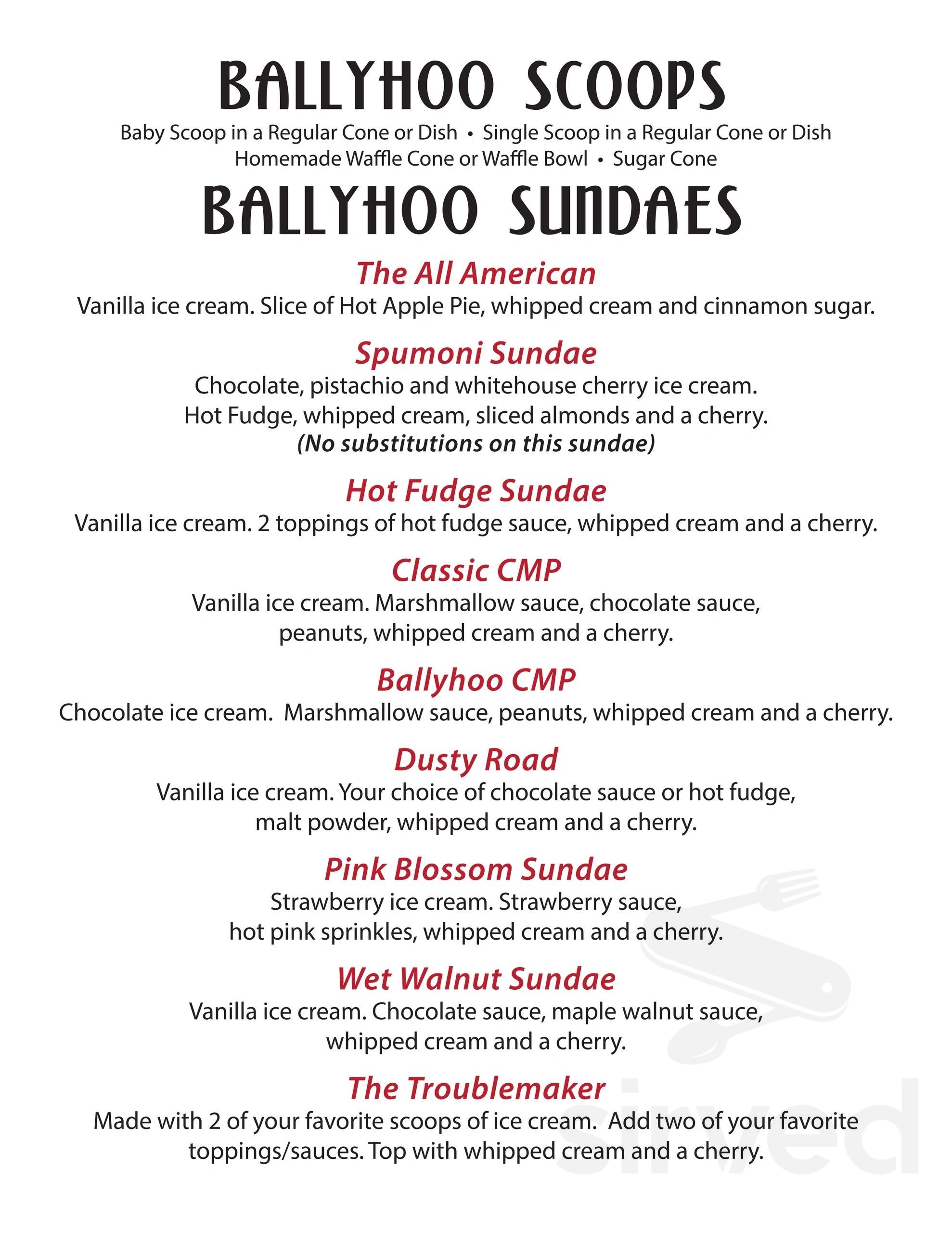 Ballyhoo ? Purveyors of Fine Ice Cream menu in West Pittston ...