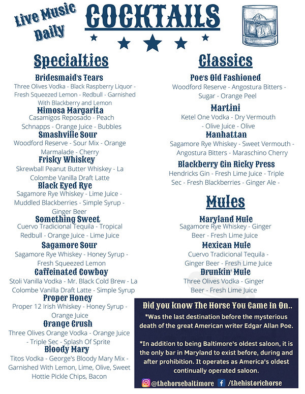 The Horse You Came In On Saloon menu in Baltimore, Maryland, USA