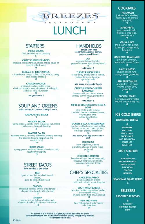 Breezes Restaurant menu in Lake Ozark, Missouri, USA