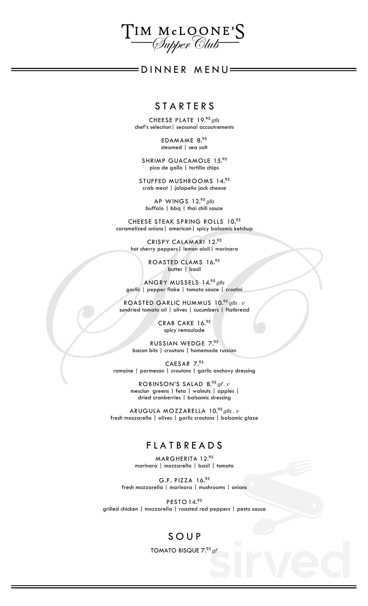 Menu for Tim McLoone's Supper Club in Asbury Park, NJ | Sirved
