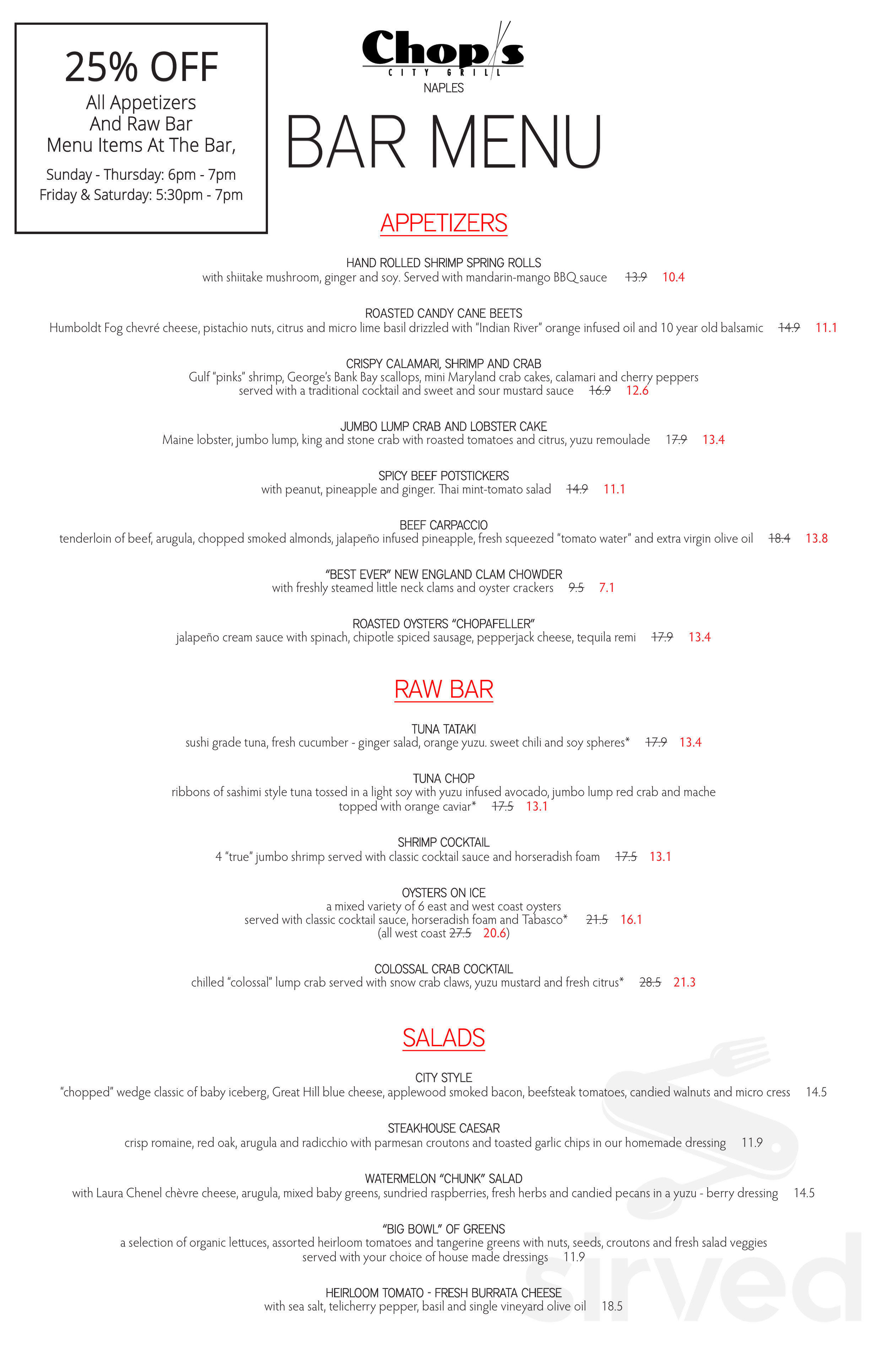 Chops City Grill menu in Naples, Florida, USA