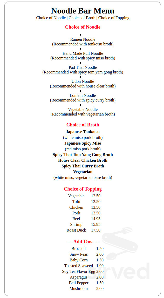 Hunan Noodle Bar menu in Ridgefield, Connecticut, USA