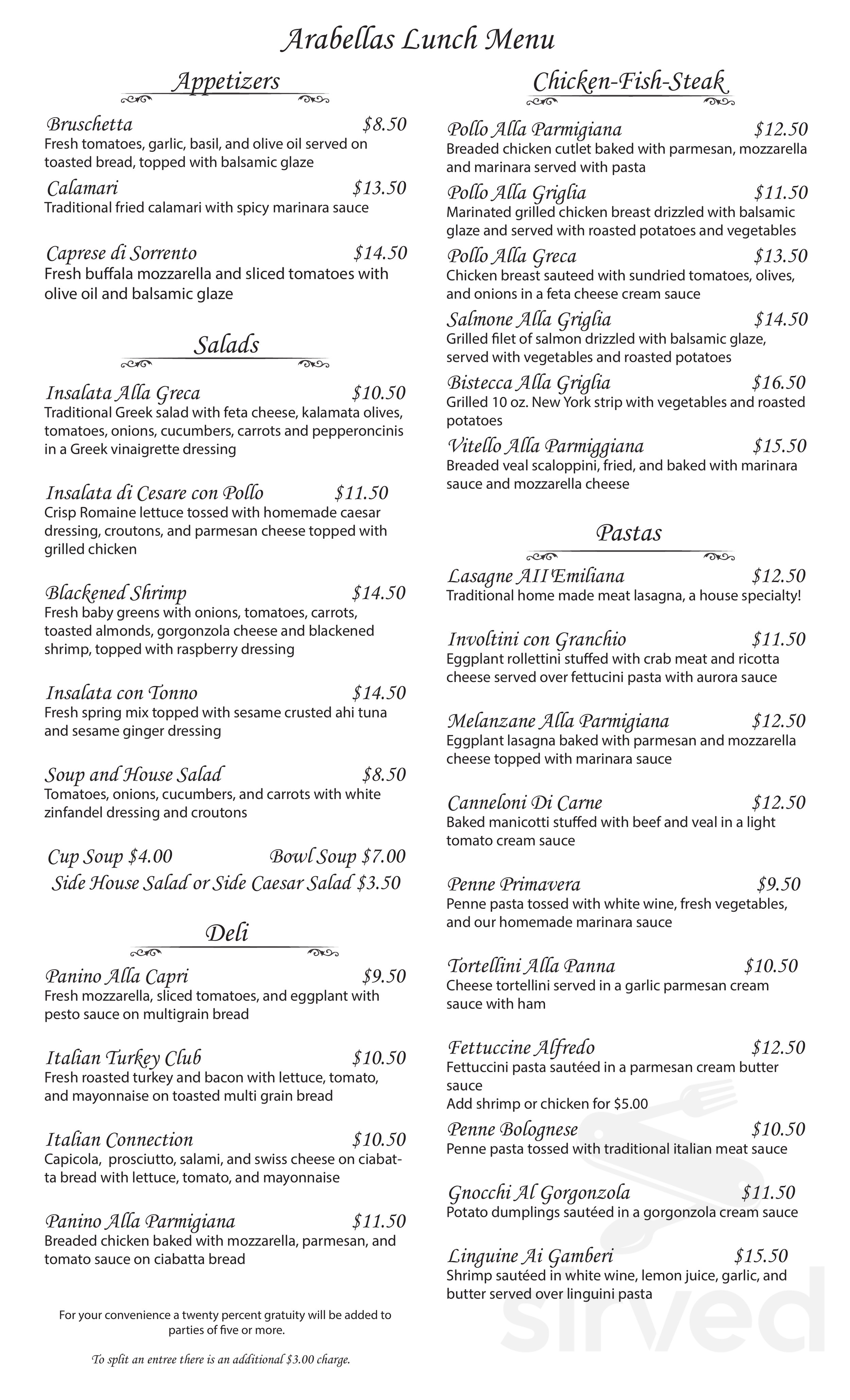 Menu for Arabellas in Winter Haven, FL | Sirved