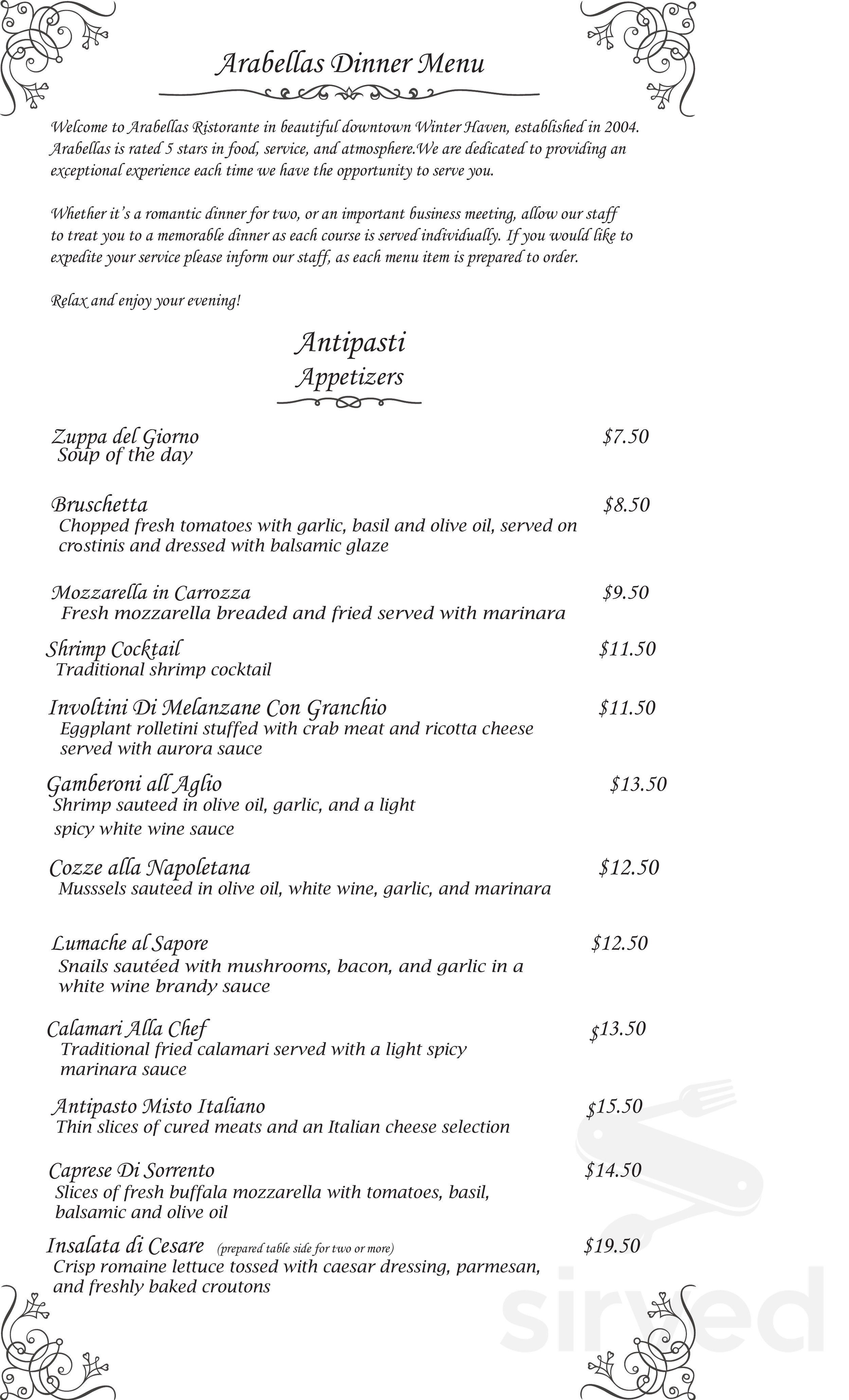 Arabellas menu in Winter Haven, Florida, USA