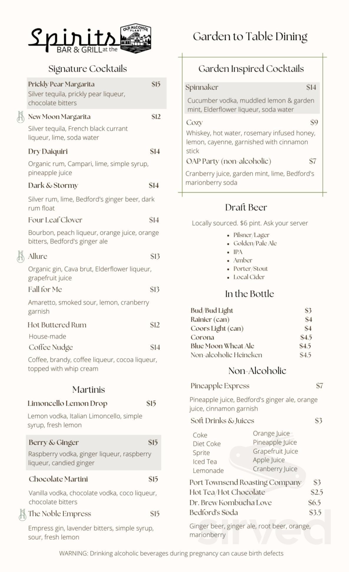 Spirits Bar and Grill at the Old Alcohol Plant menus in Port Hadlock ...