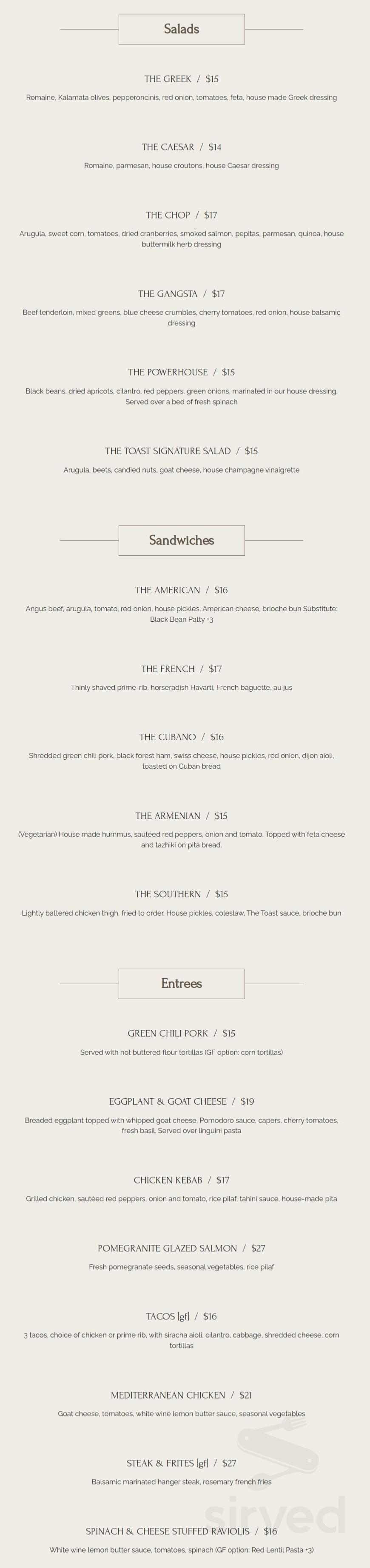 The Toast Craft Kitchen & Cocktails menu in Surprise, Arizona, USA