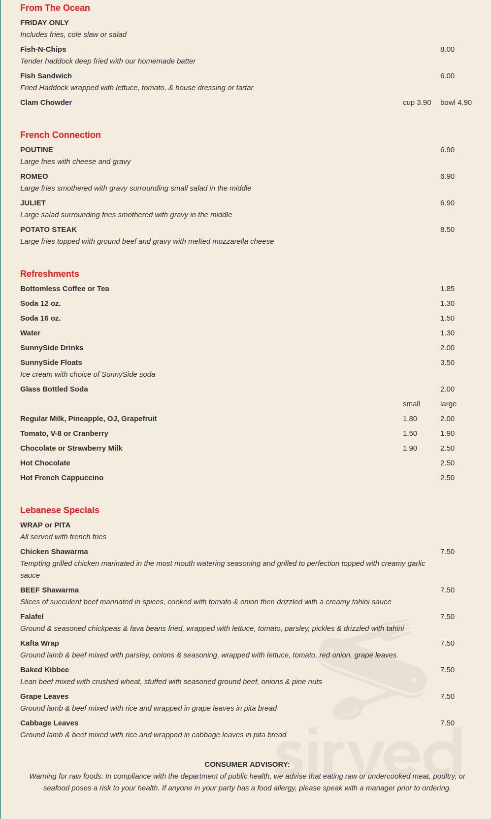 Sunnyside Diner menu in Lawrence, Massachusetts, USA