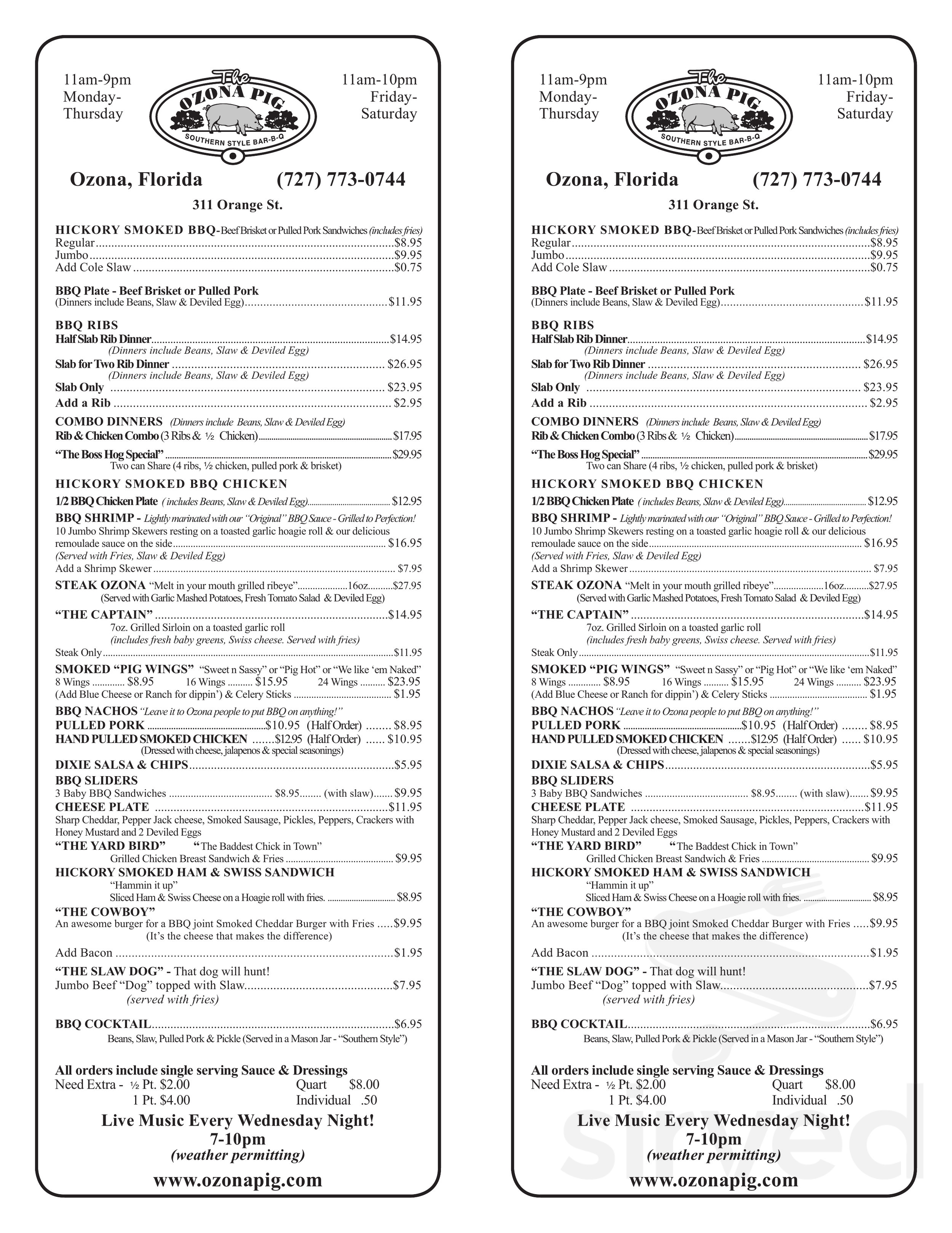The Ozona Pig menu in Palm Harbor, Florida, USA