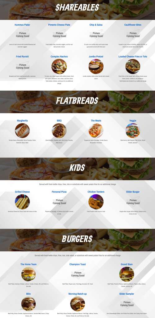 The Complex Sports and Entertainment menu in Buford, Georgia, USA