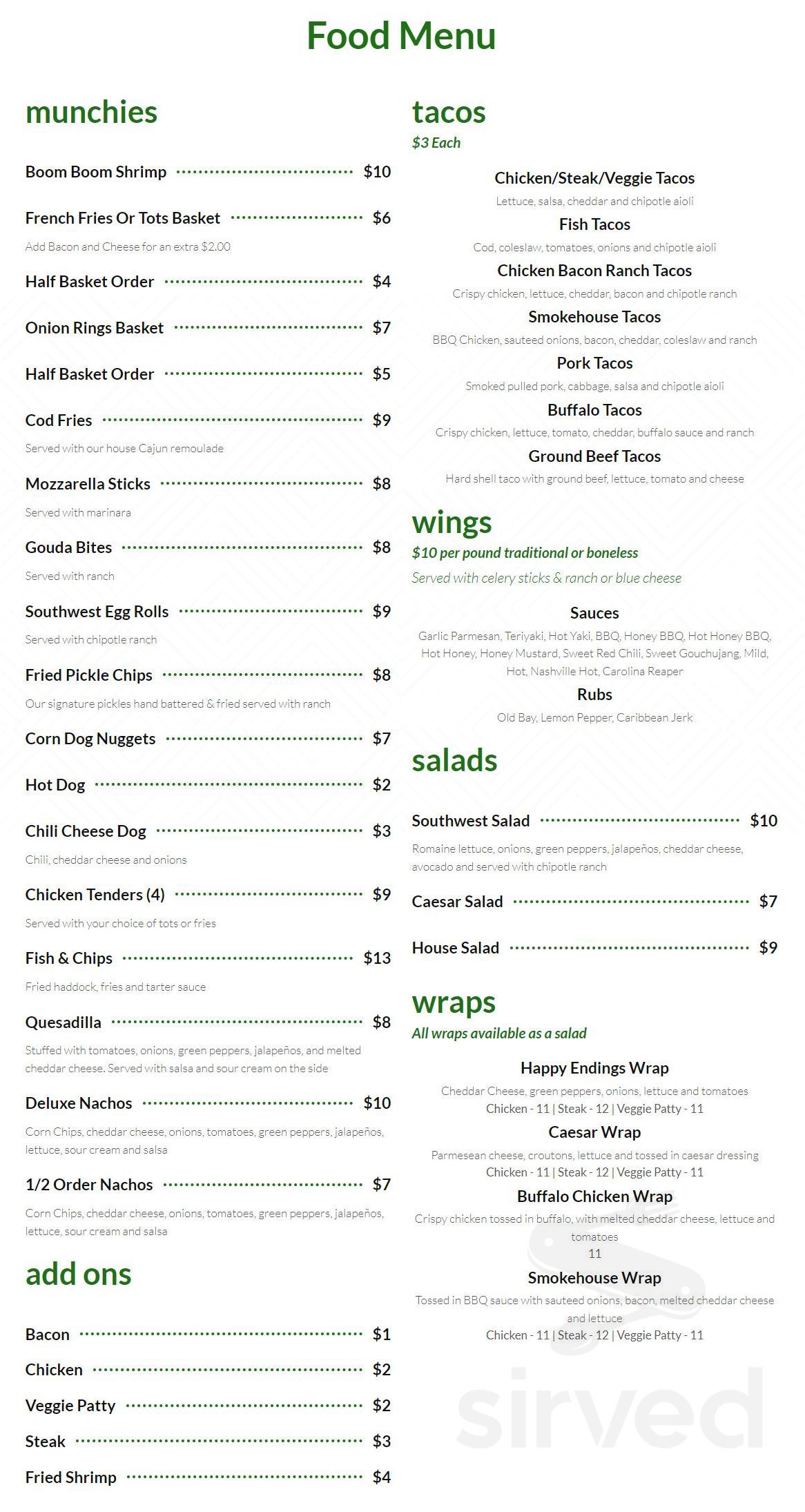 Happy Endings menu in Fredericksburg, Virginia, USA